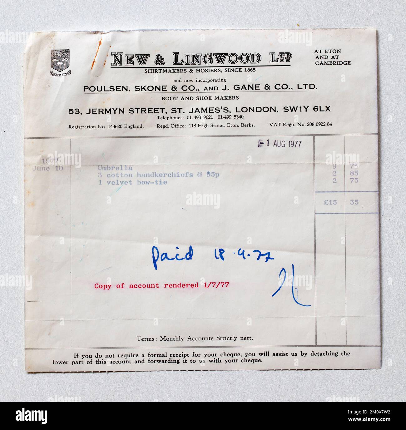 1970s Shop Sales Receipt from New and Lingwood Jermyn Street London ...