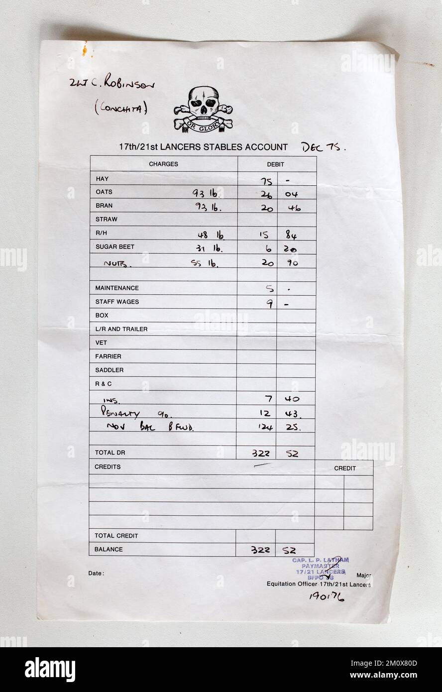 1970s 17th 21st Lancers Horse Stables Account Invoice Stock Photo - Alamy