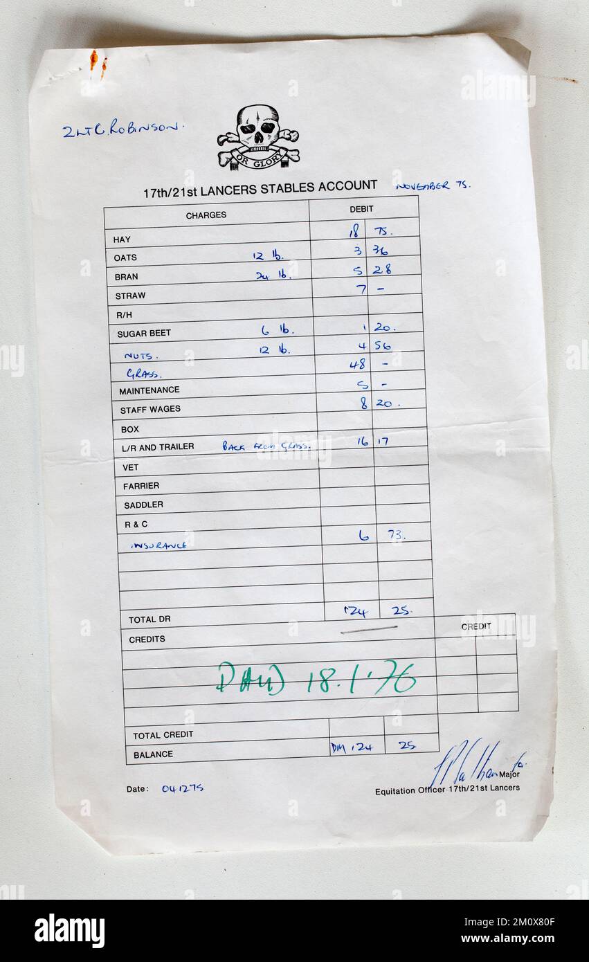 1970s 17th 21st Lancers Horse Stables Account Invoice Stock Photo - Alamy