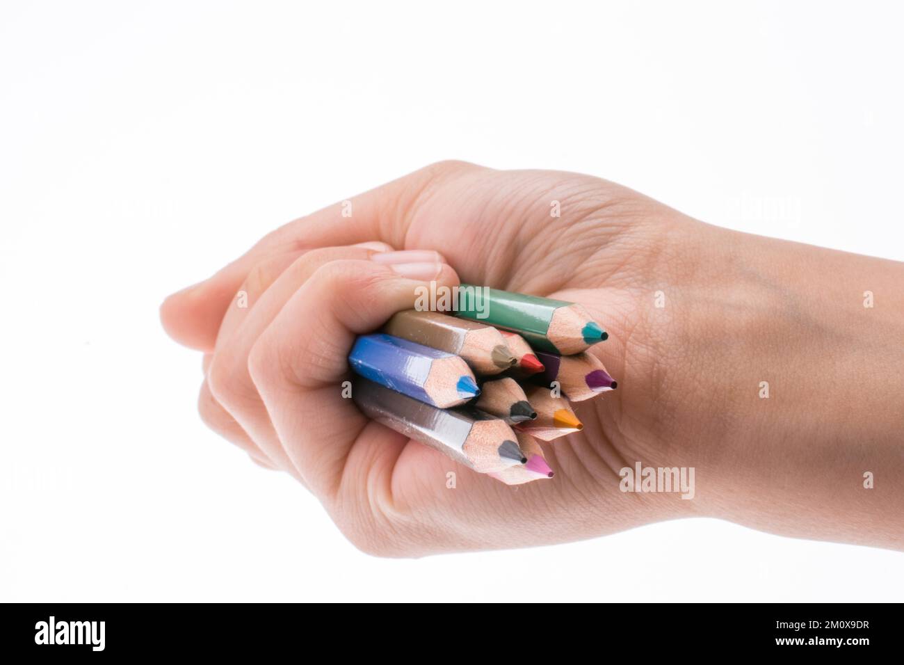 Hand holding color pencils on a white background Stock Photo - Alamy