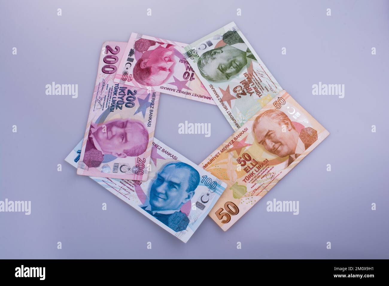 Turksh Lira banknotes of various color, pattern and value on white ...