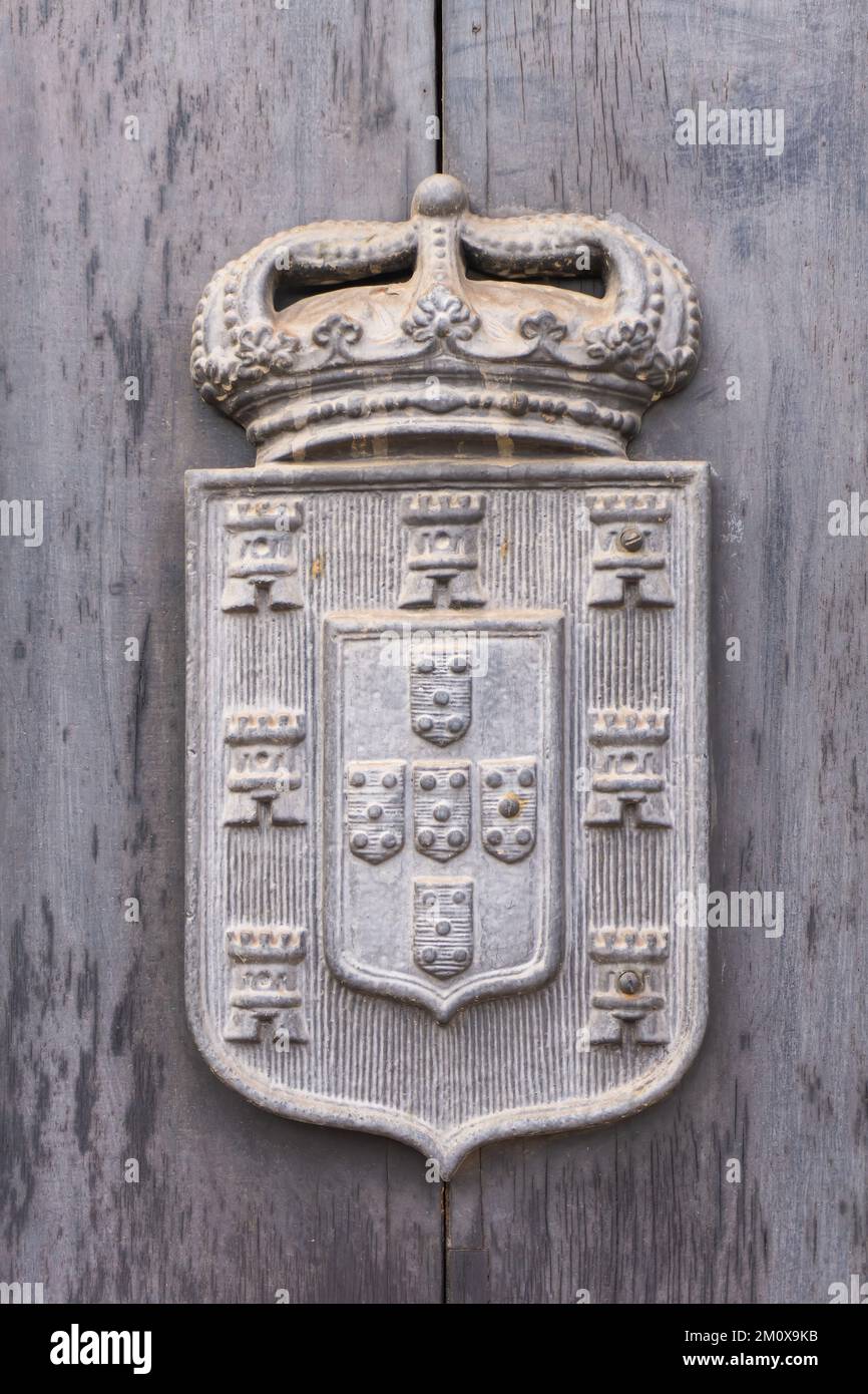 Ancient Portuguese coat of arms with crown, towers and shields Stock ...