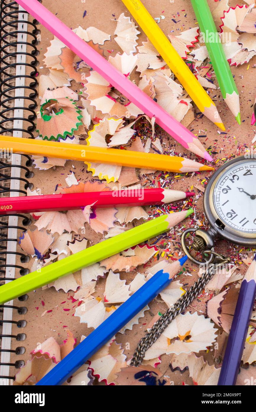 Mechanical pocket watch on pencil and shavings Stock Photo - Alamy