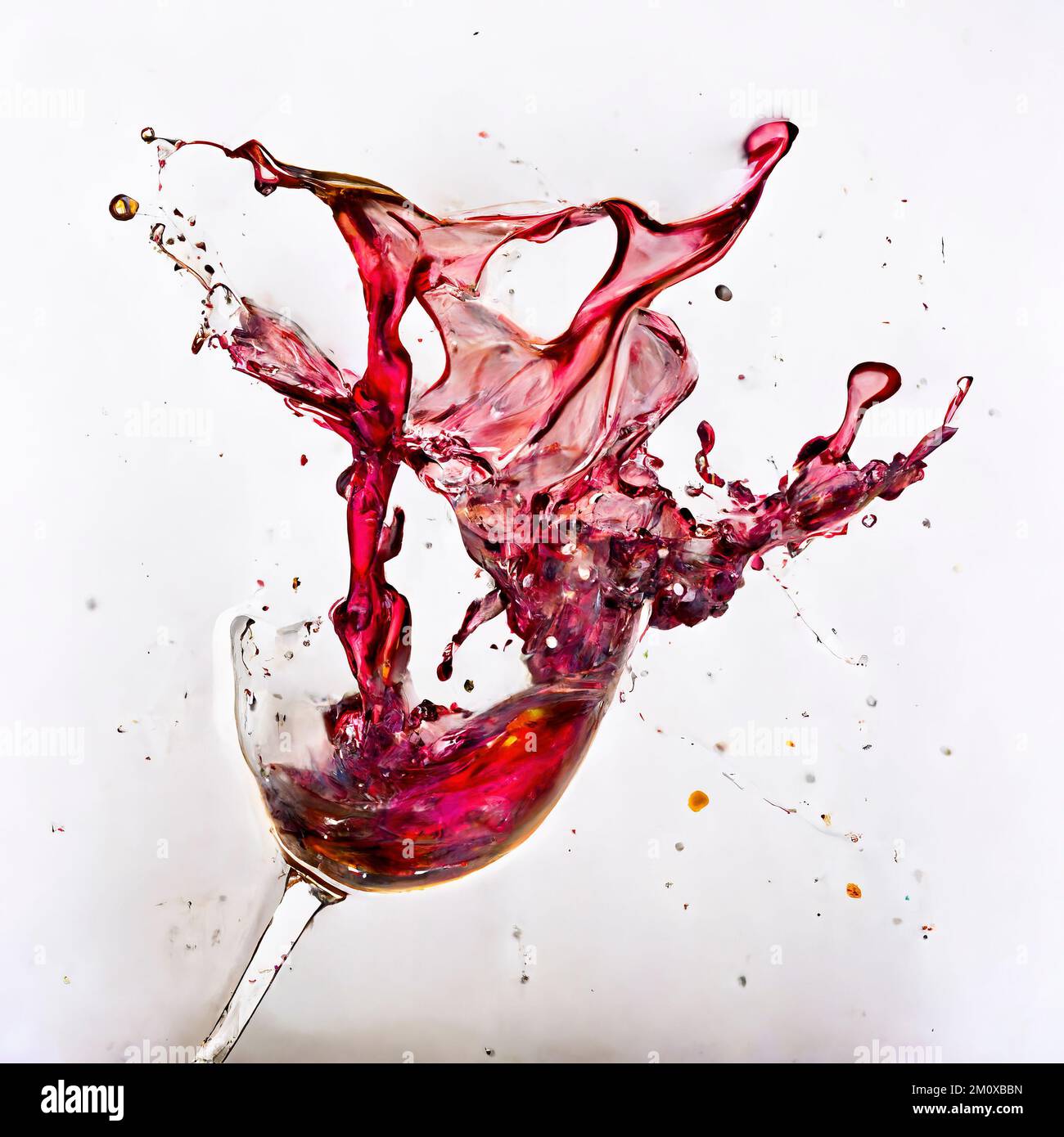 Merlot, wine glass with spilled wine. splash wine over white background ...