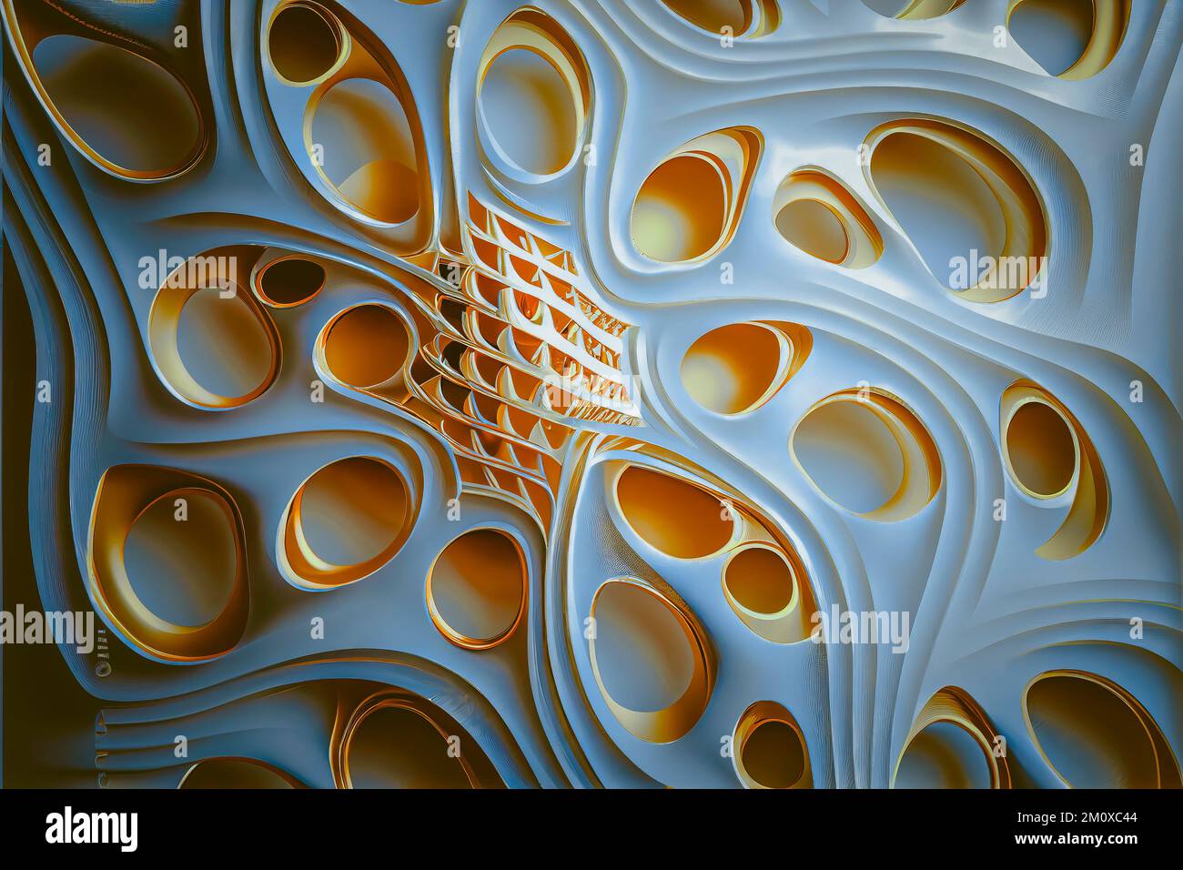 Abstract parametric drawings and geometries in gold with white shapes ...