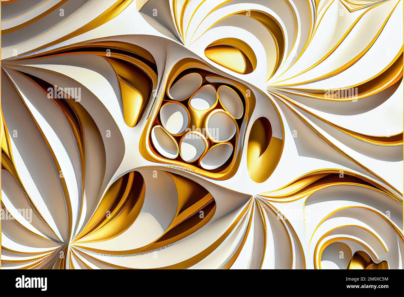 Abstract parametric drawings and geometries in gold with white shapes ...