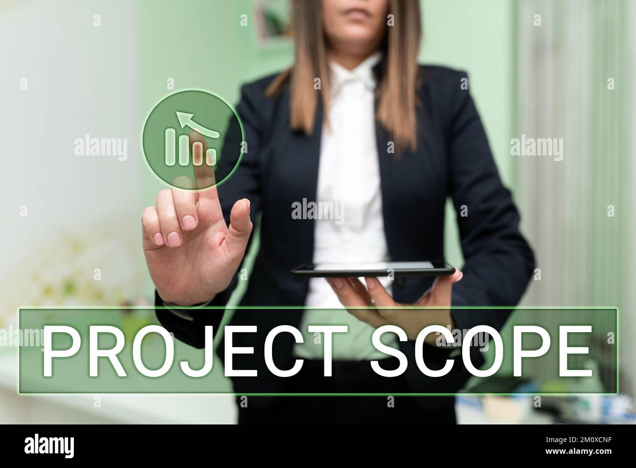 Text sign showing Project Scope, Business concept evaluation of work efforts a product ...