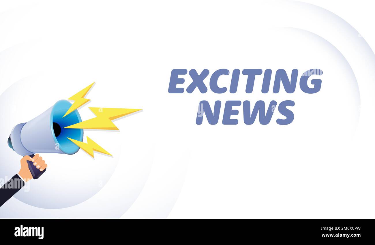 Hand hold megaphone. Exciting news, realistic 3d megaphone, loudspeaker ...