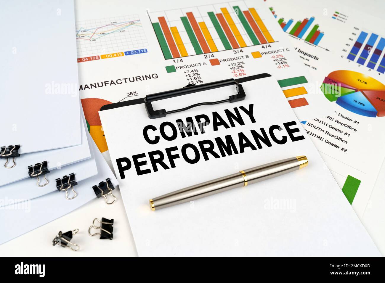 Business concept. On the table among financial graphs and charts lies a ...