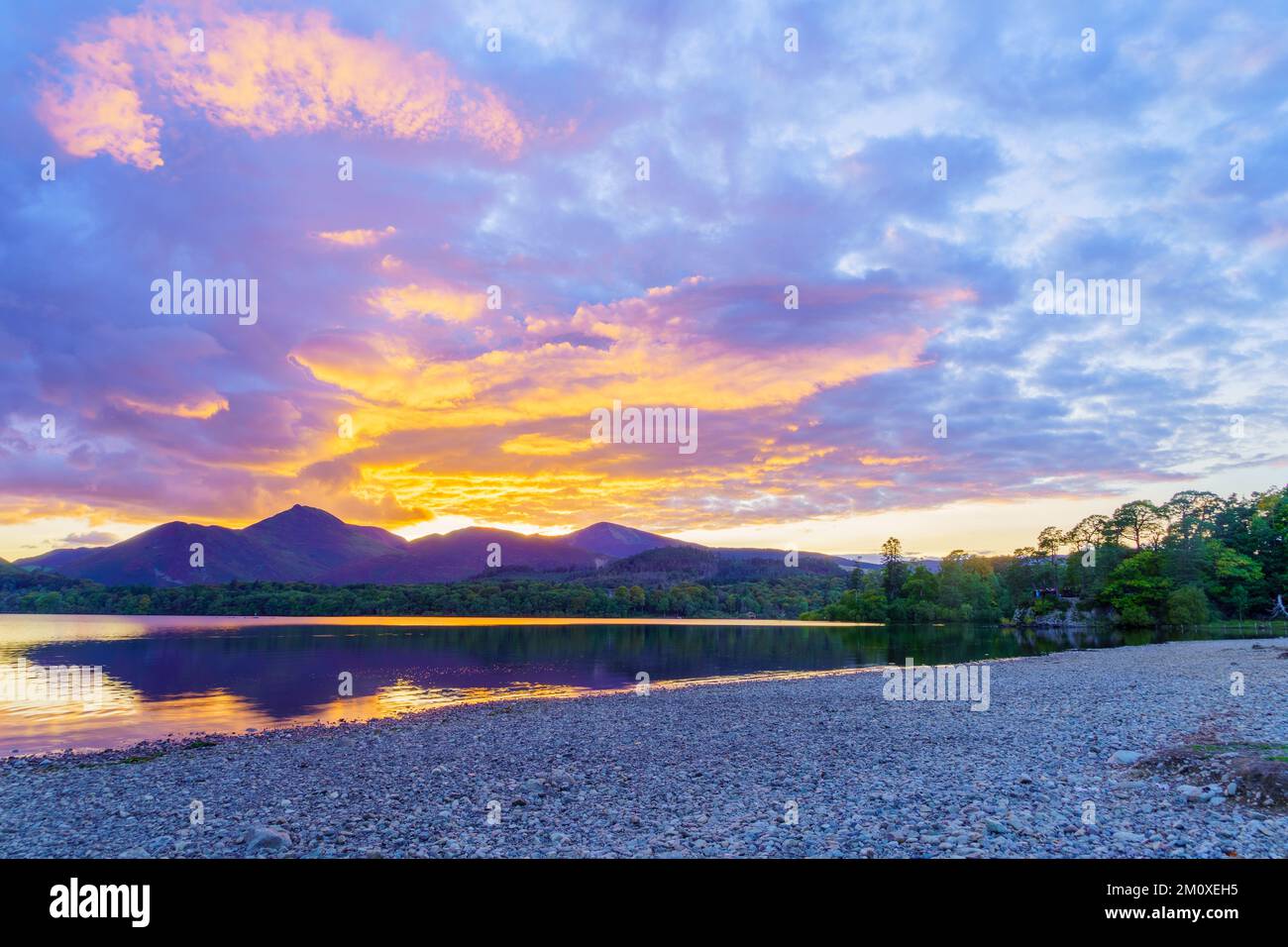 Sunset view of Derwentwater lake, near Keswick, in the Lake District ...