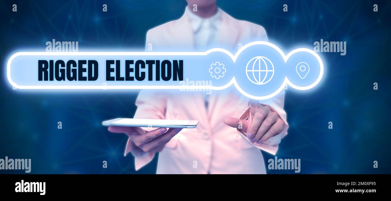Text caption presenting Rigged Election. Word for Manage drilling ...