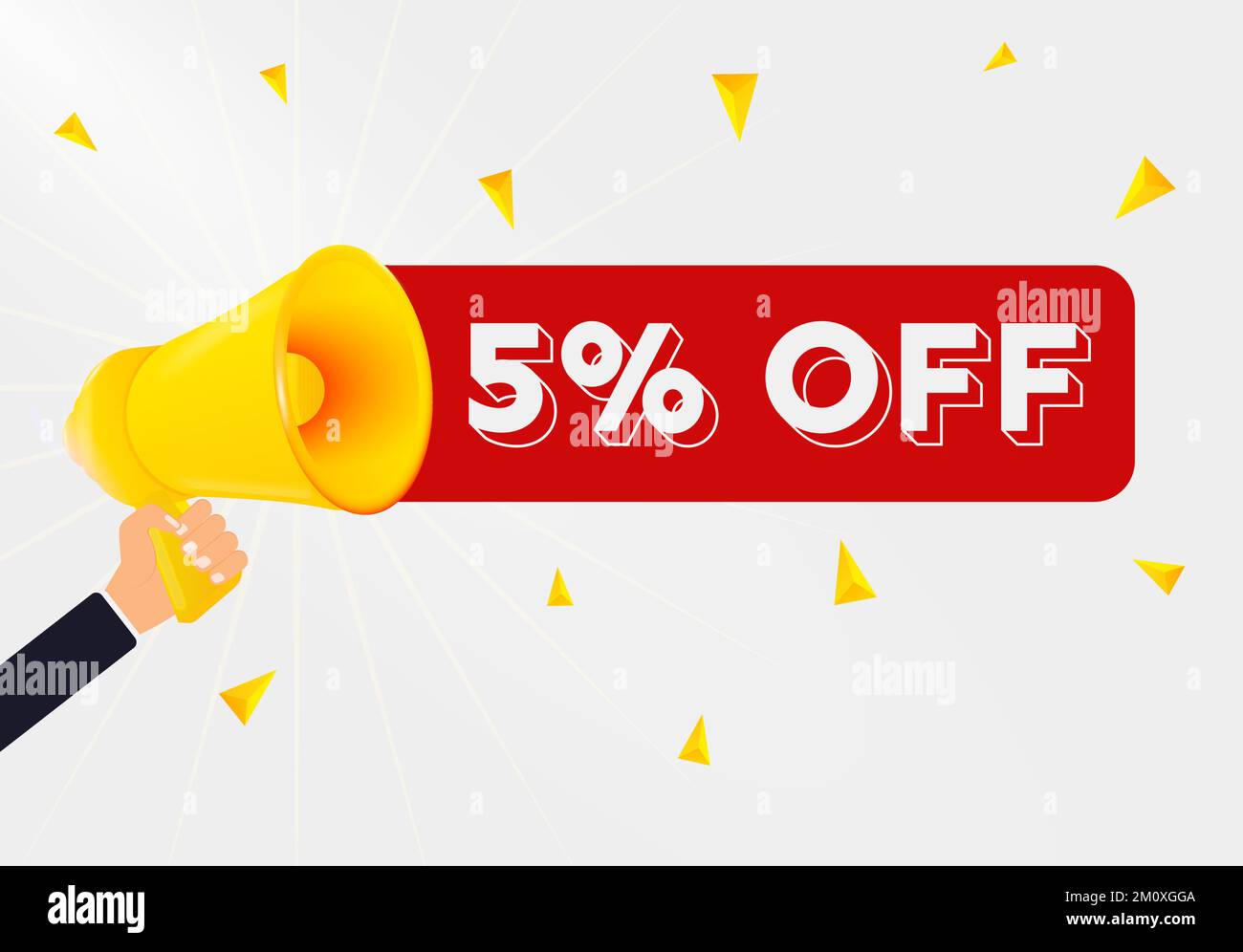 Man holding megaphone and word 5 percent off near chalkboard. Asking ...