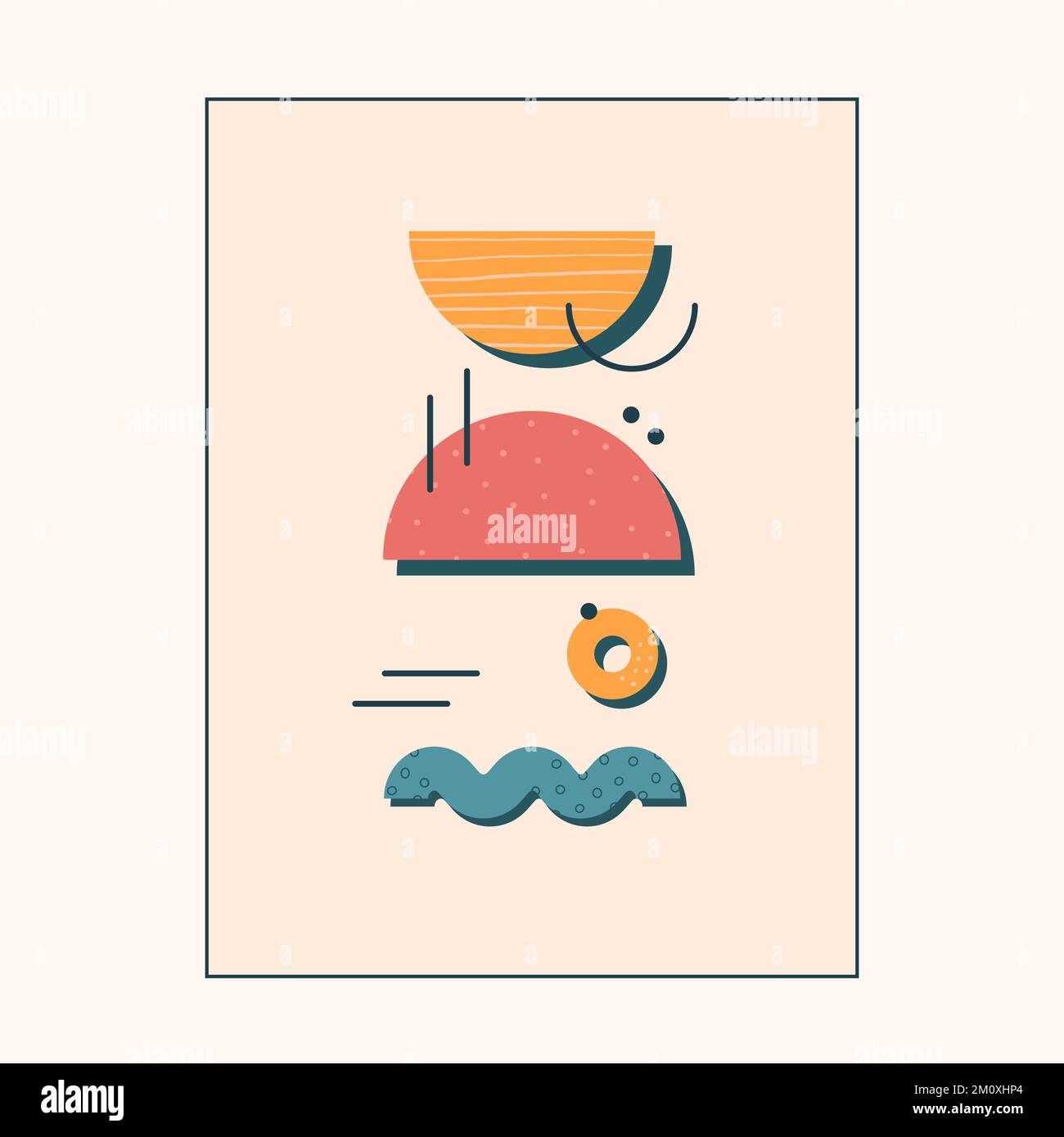 Abstract poster with set of simple shapes and textures on light orange ...