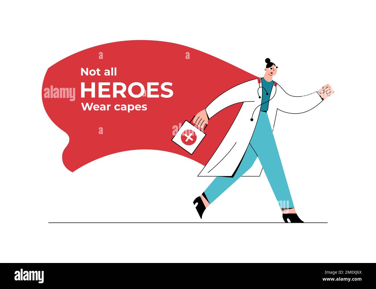 Vector flat design illustration with Super Woman Doctor in red cape ...
