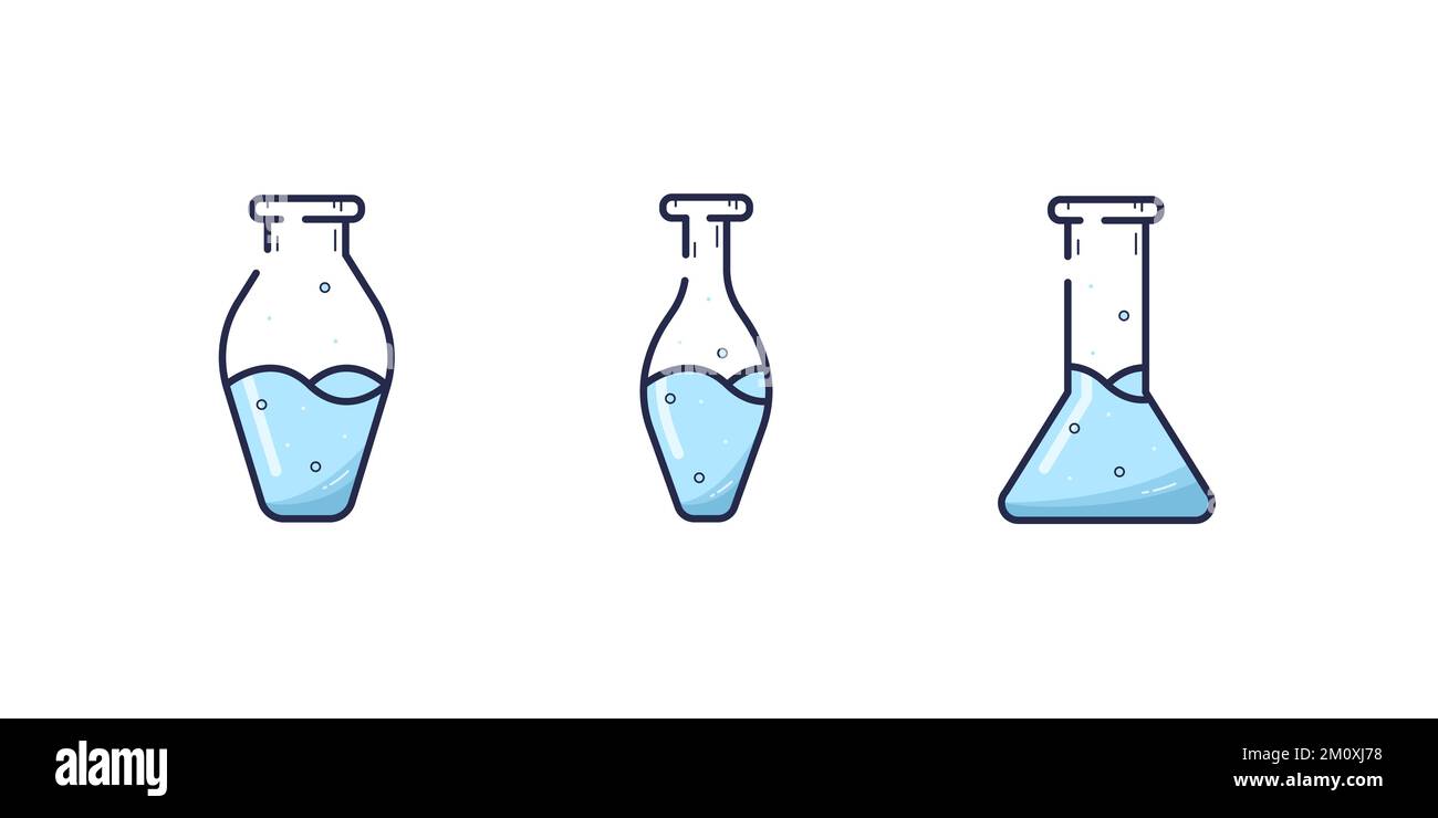 Laboratory equipment. Three glass flasks with blue liquid in trendy ...