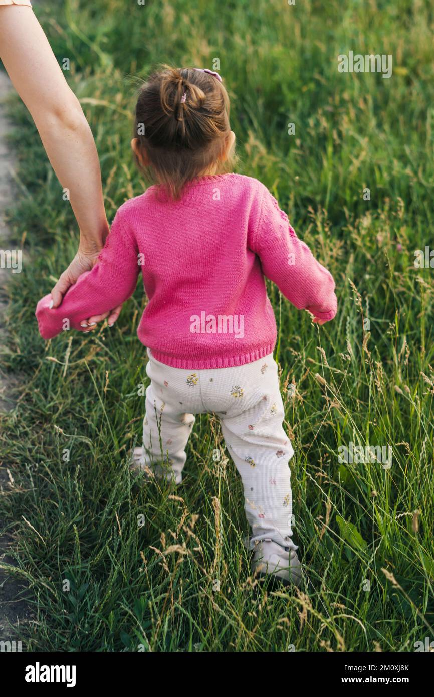 Rear view of a baby girl walking through a meadow with green grass. Kid ...