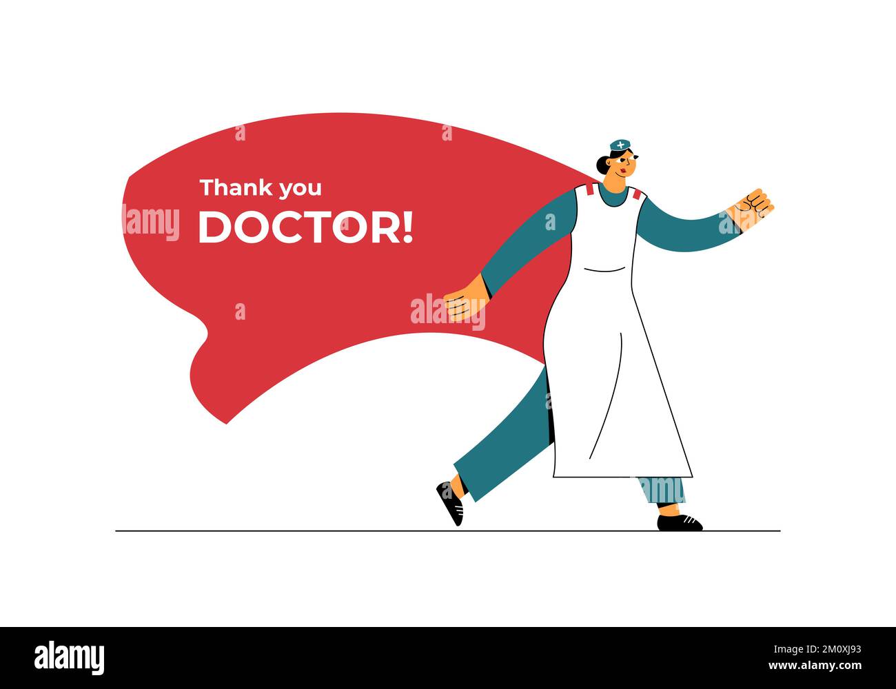 Vector Flat Design Illustration With Super Woman Doctor In Red Cape