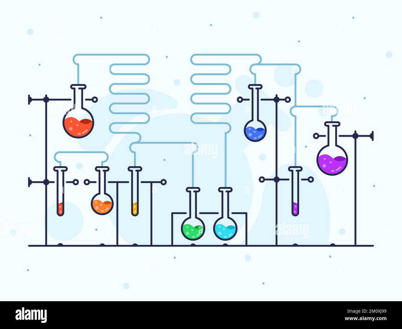 Vector illustration with chemical laboratory in flat line style. Flasks ...