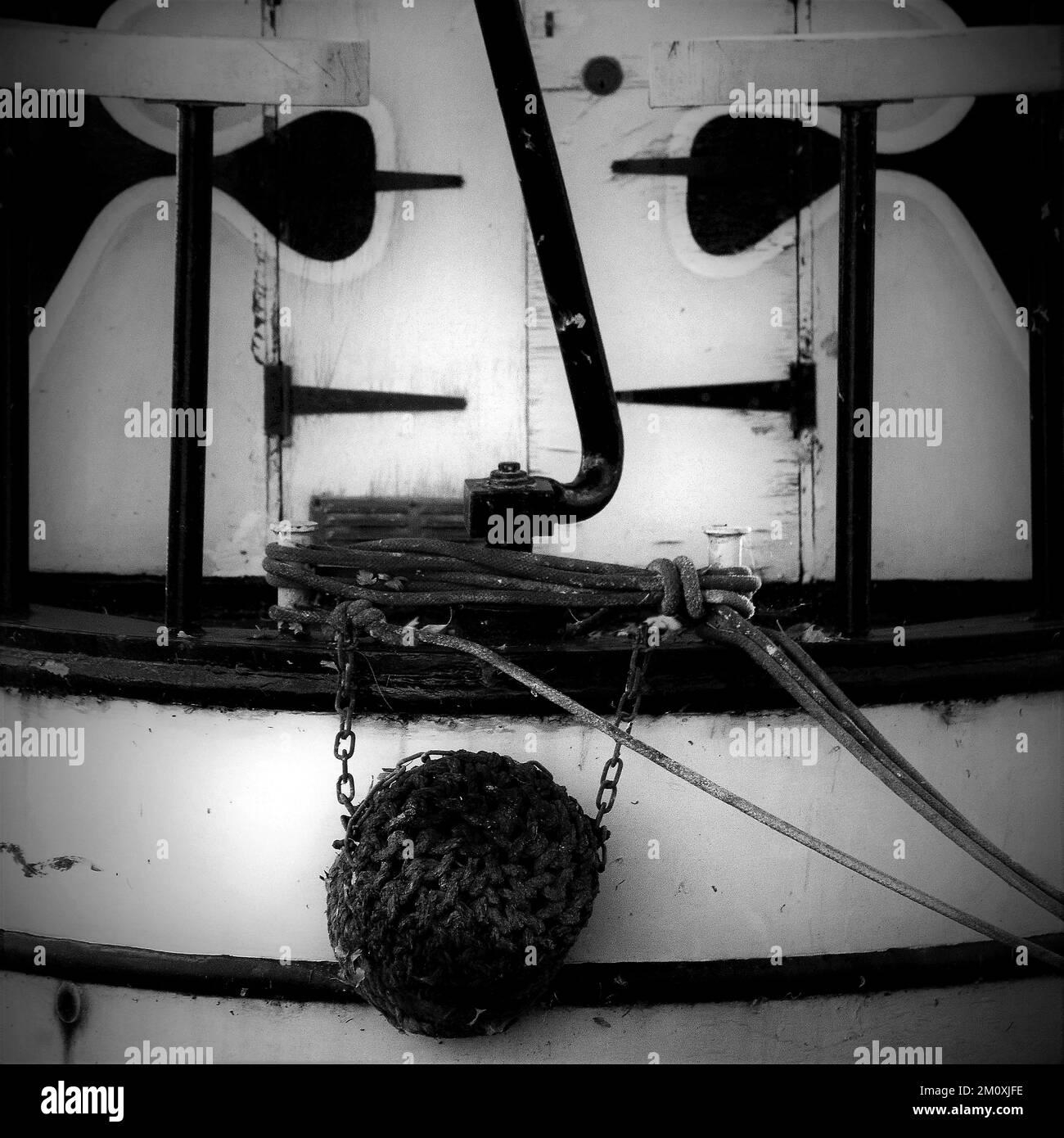 Black and white photograph close up of Narrowboat back called the Stern ...