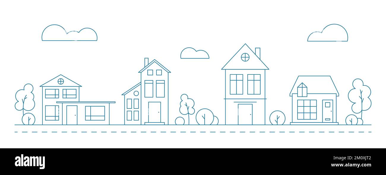 Line art vector neighborhood illustration with houses. Cityscape with ...