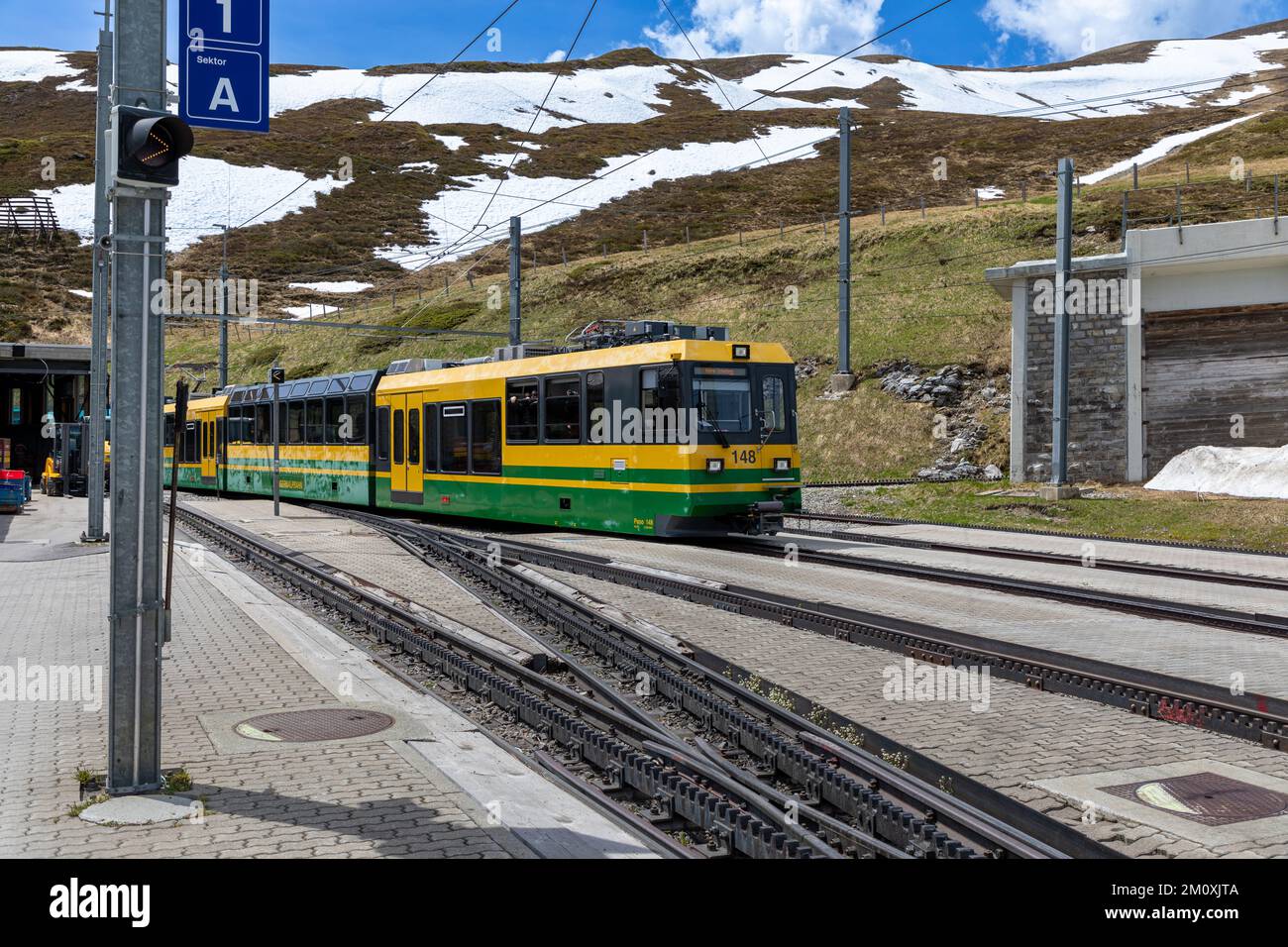 Regional Wengernalpbahn train from the town of Lauterbrunnen to Kleine ...