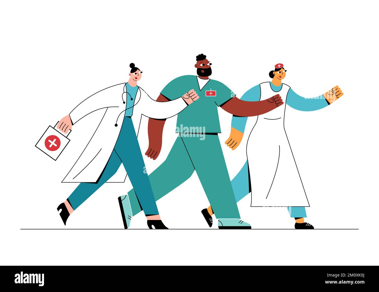 Vector flat illustration. Group of super medical workers rushing to the ...