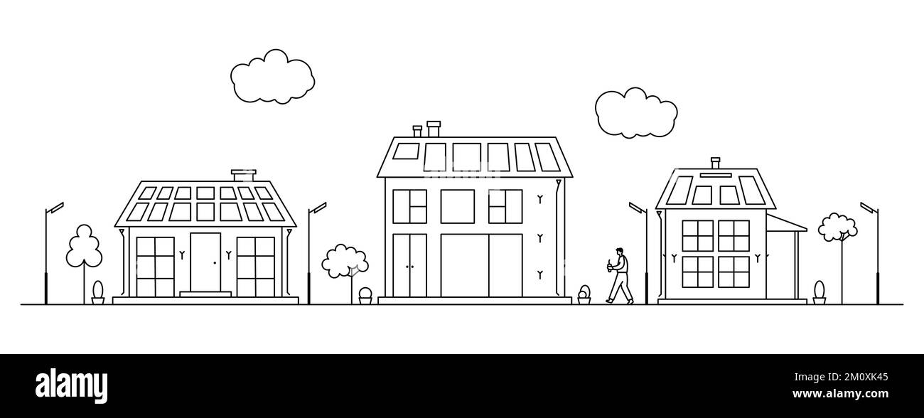 Vector line art illustration with suburban cityscape. Neighborhood with ...