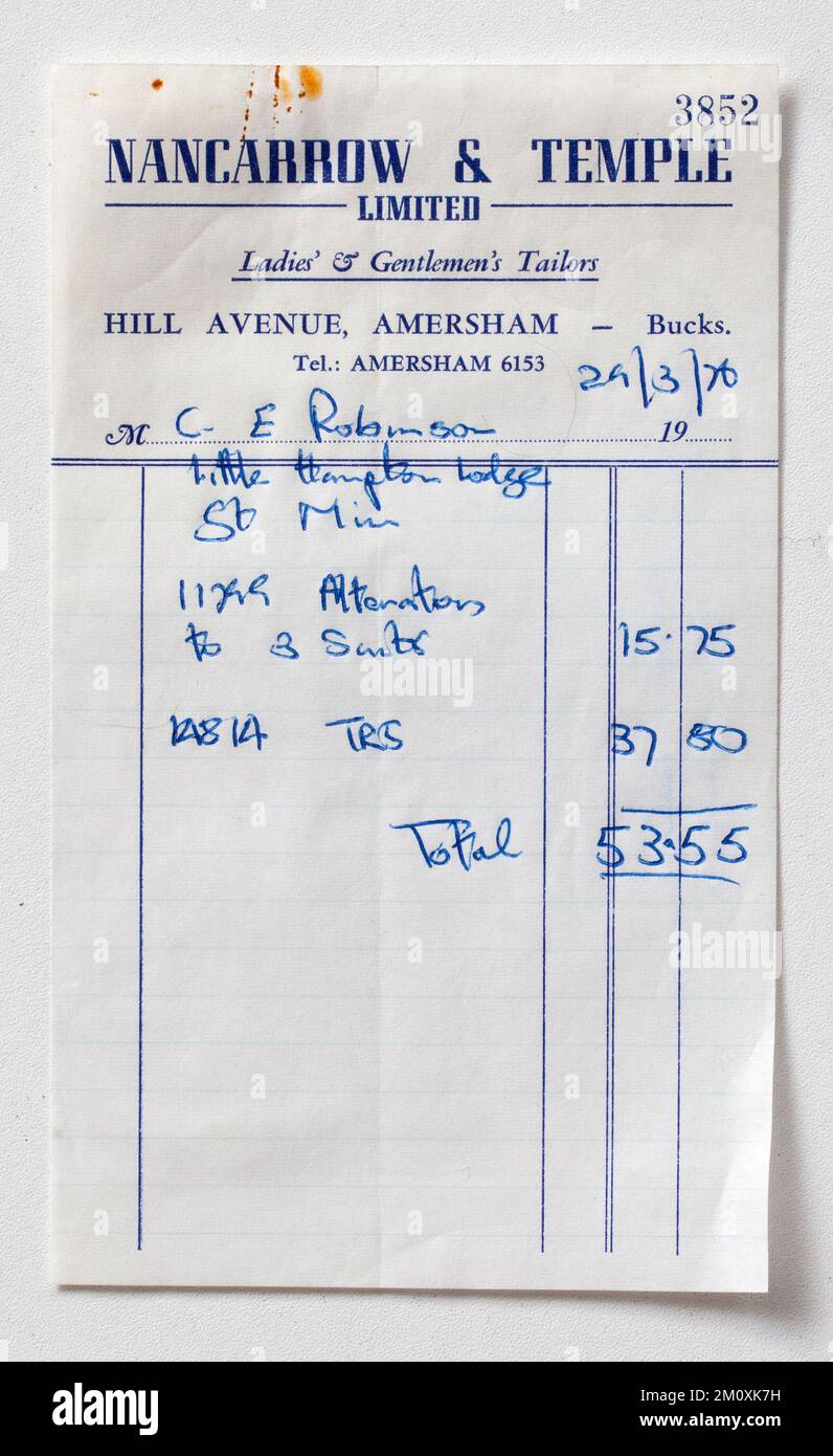 1970s Shop Sales Receipt from Nancarrow and Temple Amersham Bucks Stock ...