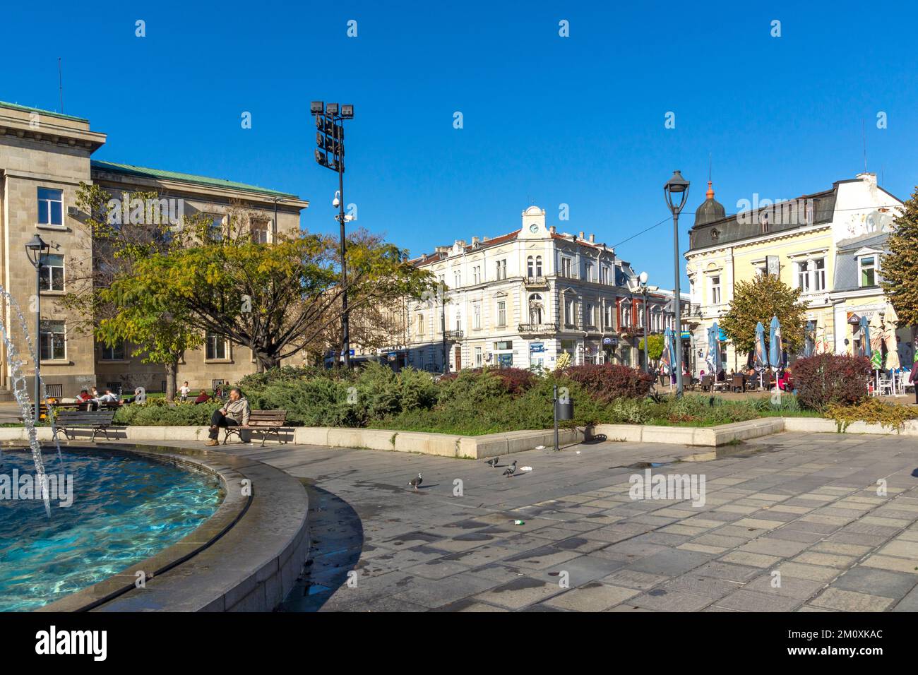RUSE, BULGARIA -NOVEMBER 2, 2020: Typical Building and street at the ...