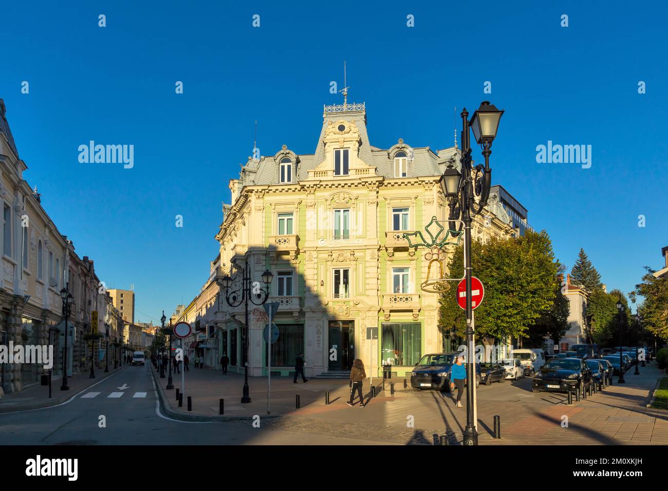 RUSE, BULGARIA -NOVEMBER 2, 2020: Typical Building and street at the ...