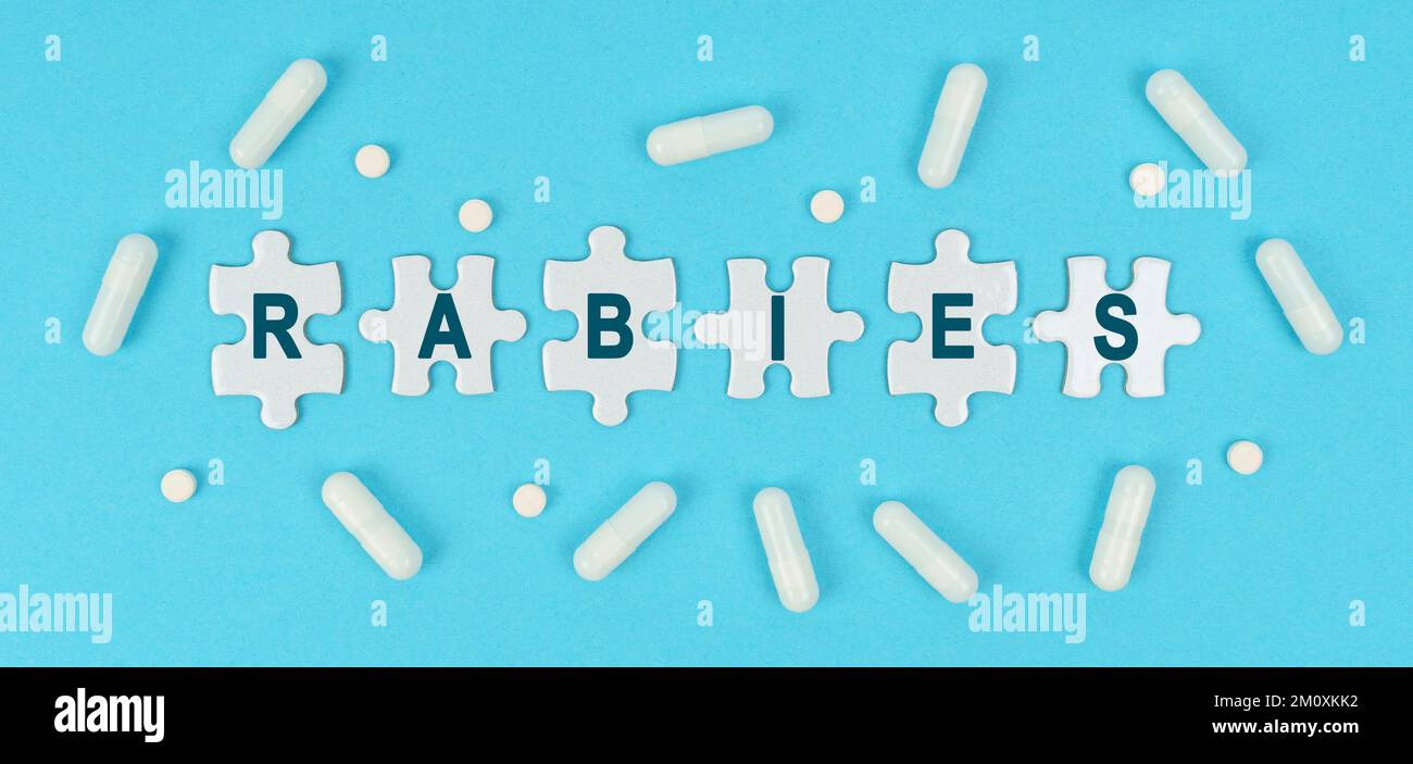 Medicine and health. On a blue background, there are pills and puzzles ...