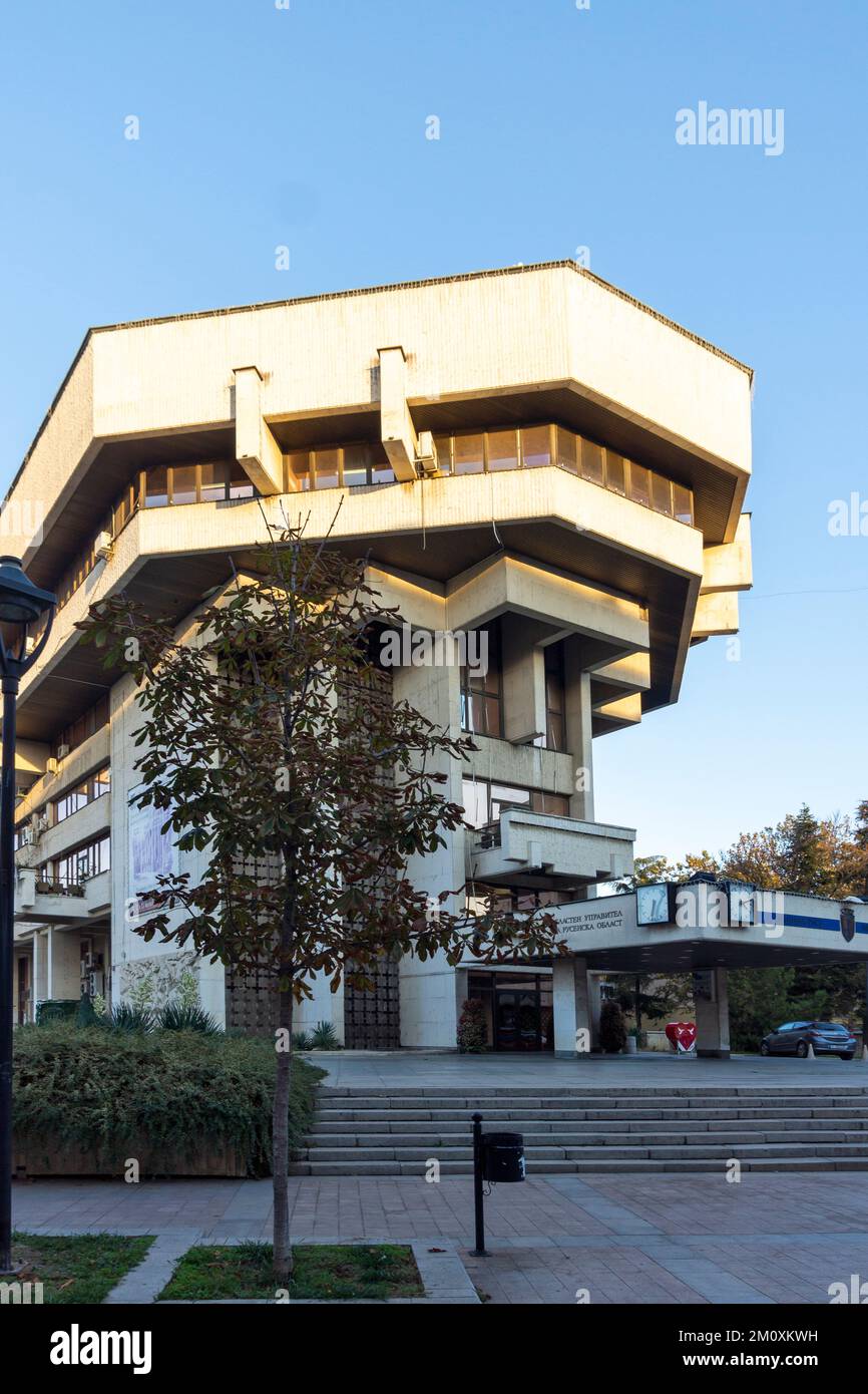 RUSE, BULGARIA -NOVEMBER 2, 2020: Typical Building and street at the ...