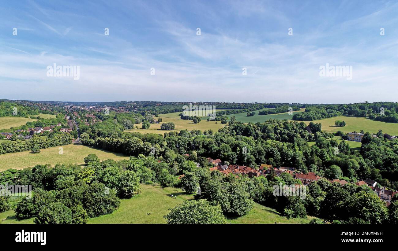 Aerial view of West Wycombe landscape from Dashwood Mausoleum Hill ...