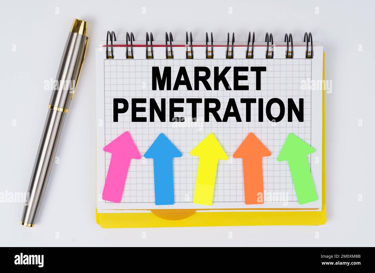 Business and finance concept. On a white background lie a pen and a notebook with the ...