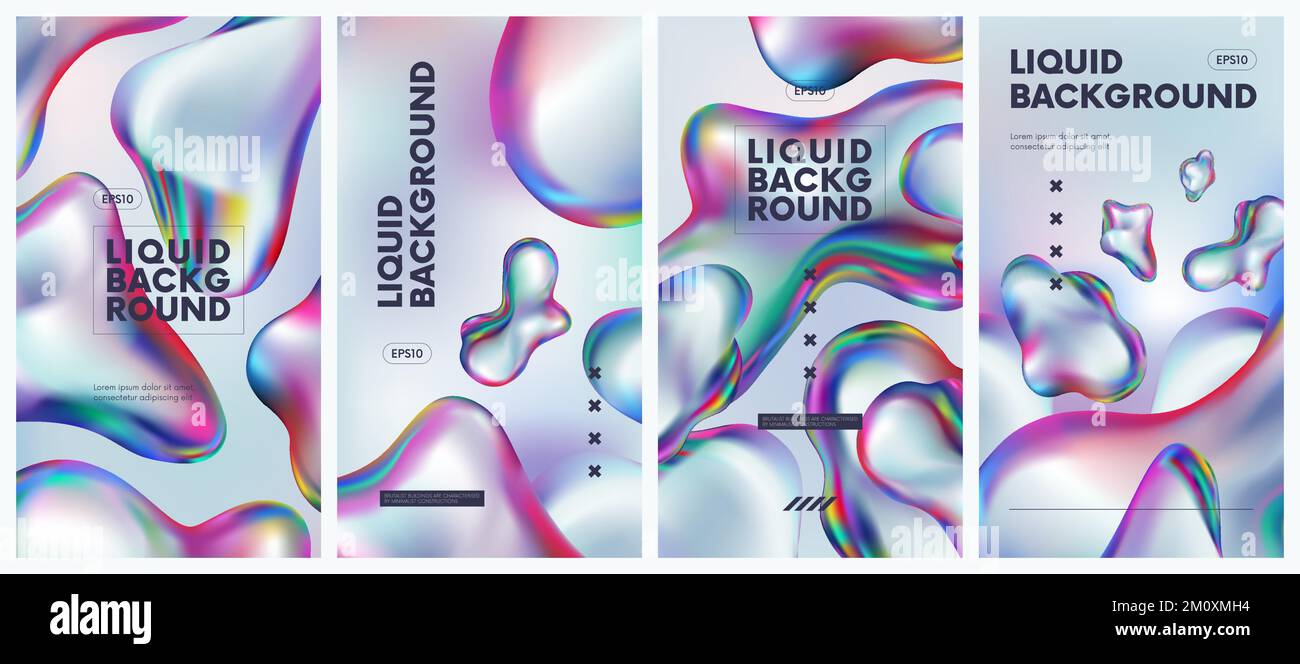 Collection fluid holographic background with 3d liquid splash rainbow gasoline spill bubble ...