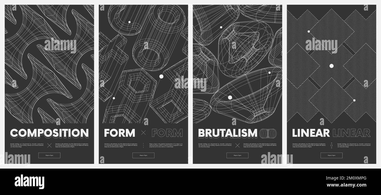 Collection vector posters with strange wireframes of geometric shapes modern design inspired by ...