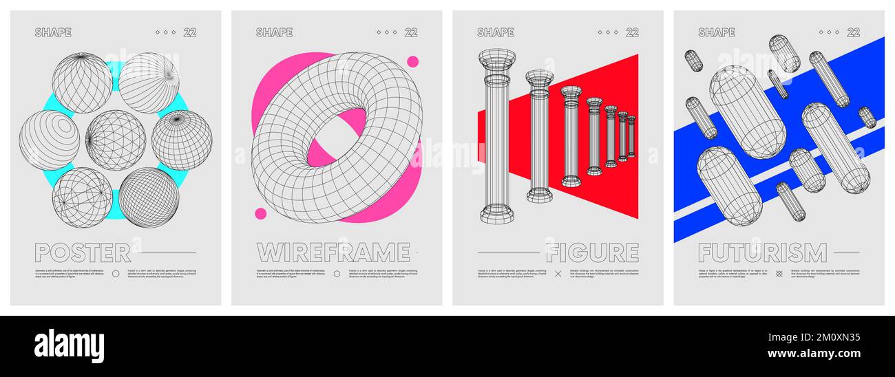 Strange wireframes of geometrical shapes and colored geometric figures ...