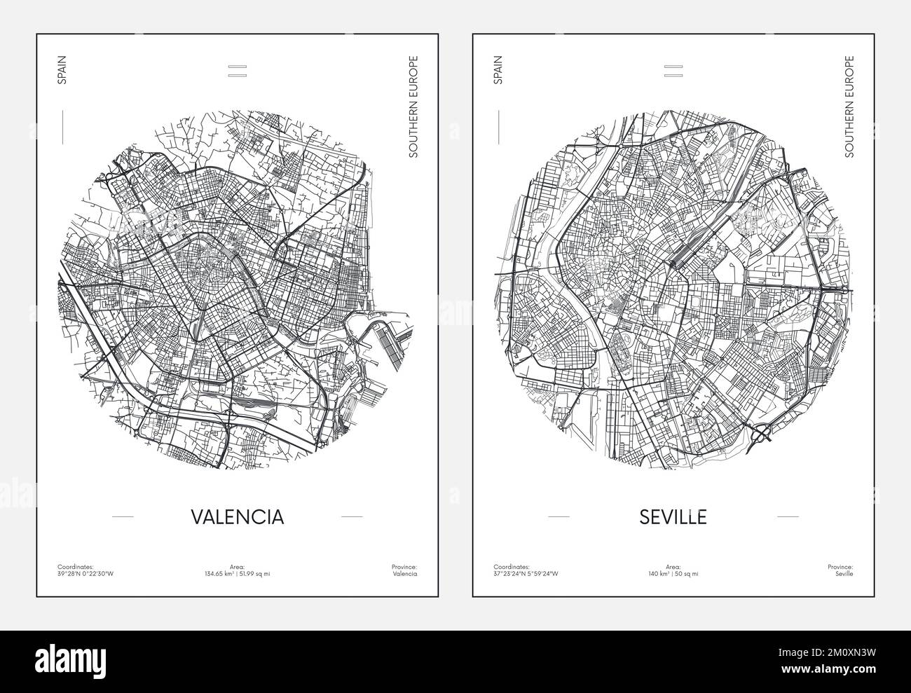 Travel poster, urban street plan city map Valencia and Seville, vector ...