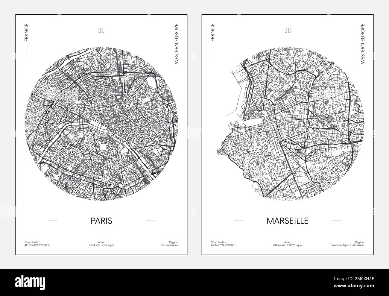 Travel poster, urban street plan city map Paris and Marseille, vector ...