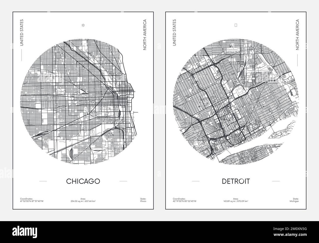 Travel poster, urban street plan city map Chicago and Detroit, vector ...