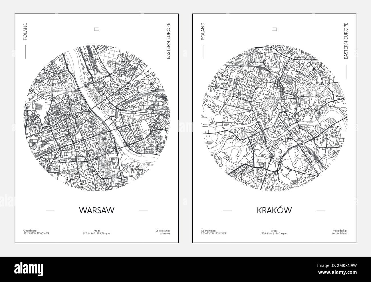 Travel poster, urban street plan city map Warsaw and Krakow, vector ...