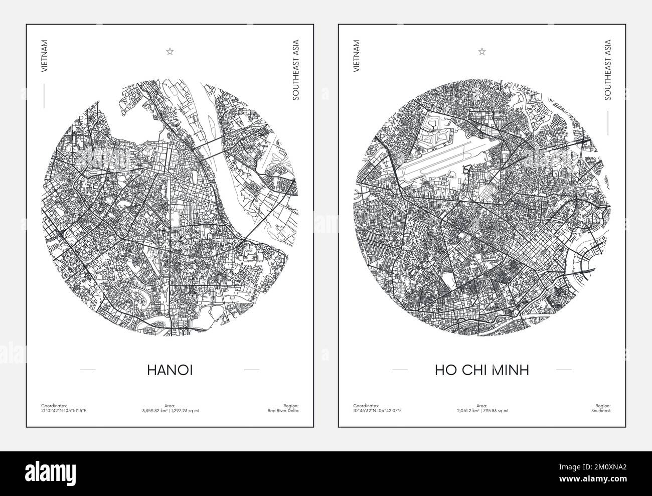 Travel poster, urban street plan city map Hanoi and Ho Chi Minh, vector ...