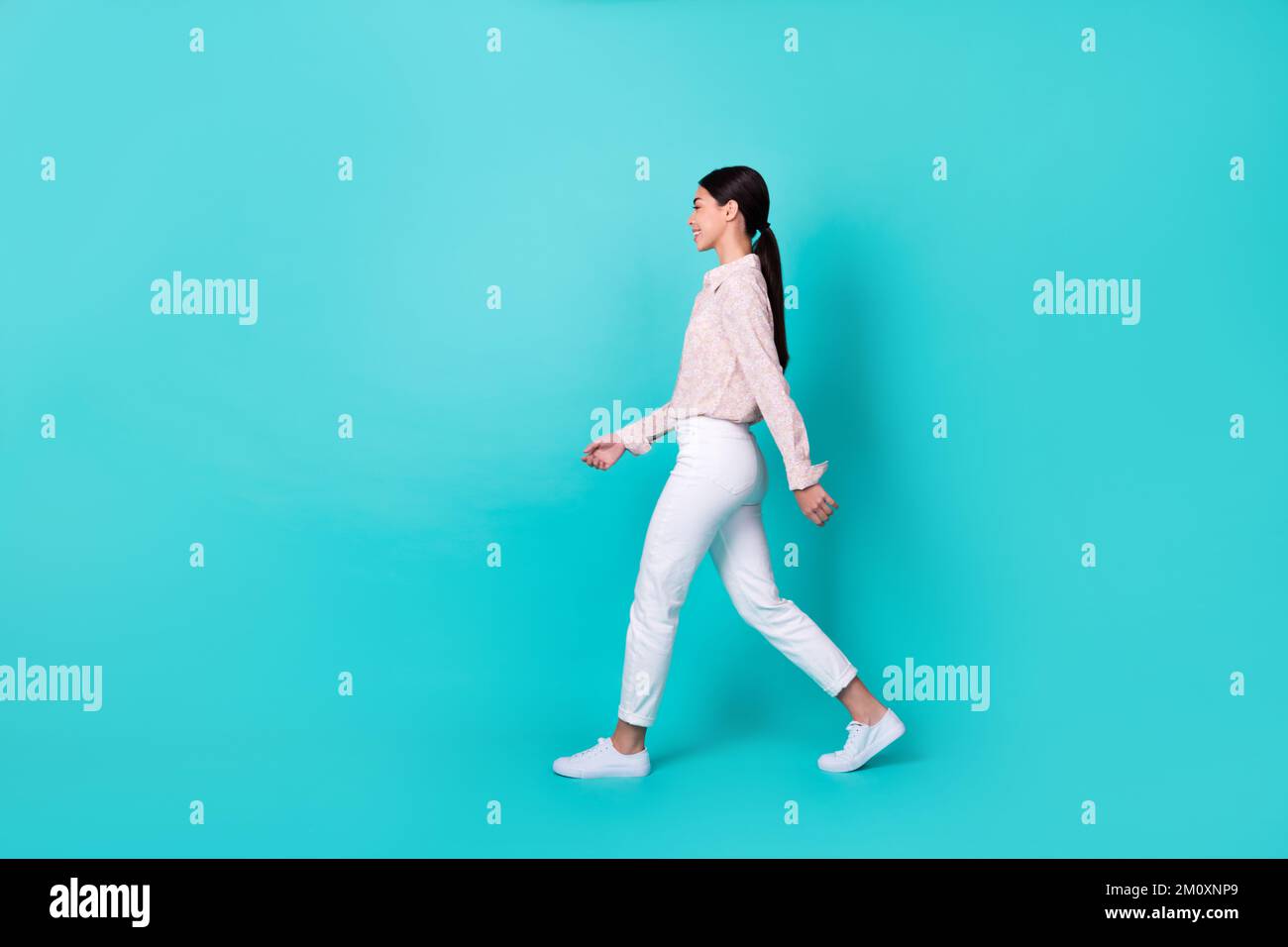 Full body profile photo of young japanese woman walking clothes promo ...