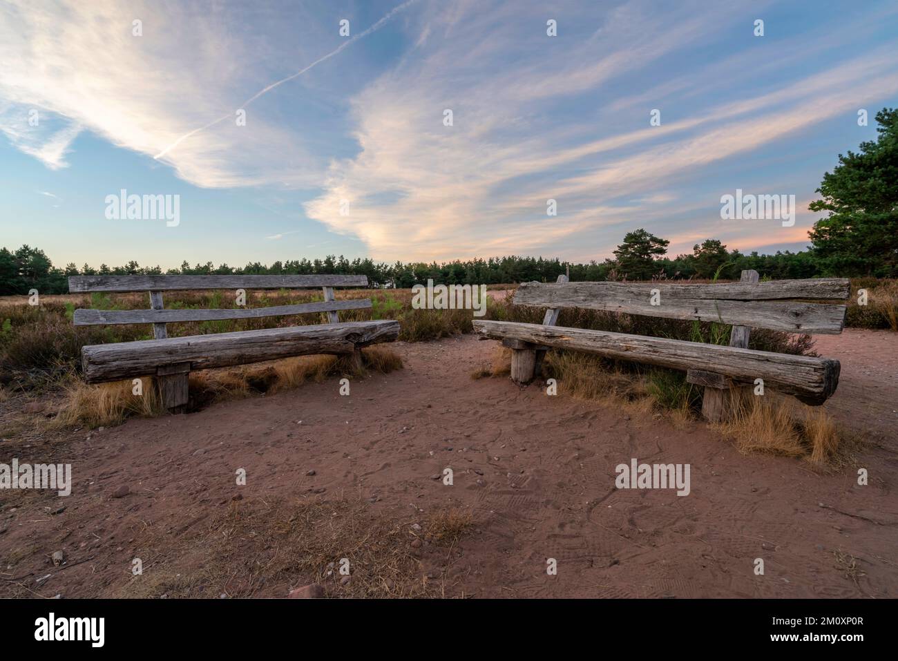 The old wooden benches on a rural field under a bright sky in the ...