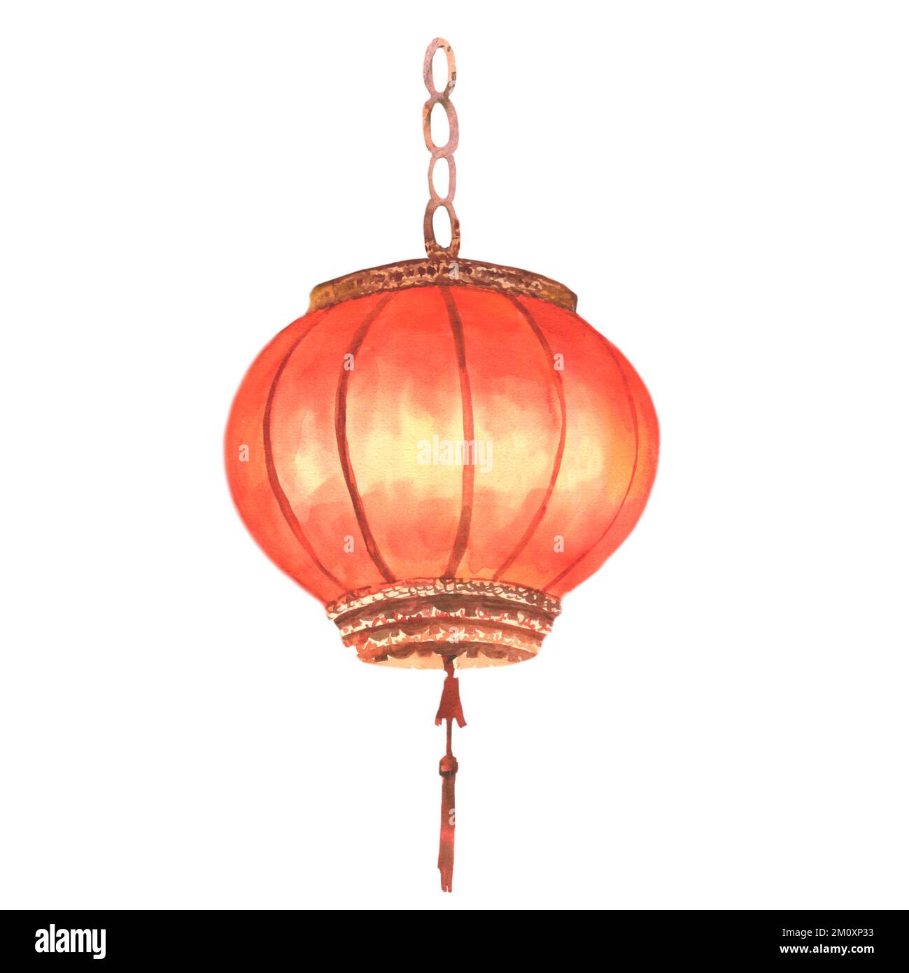 Watercolor japanese lantern on white background isolated. Red latern ...