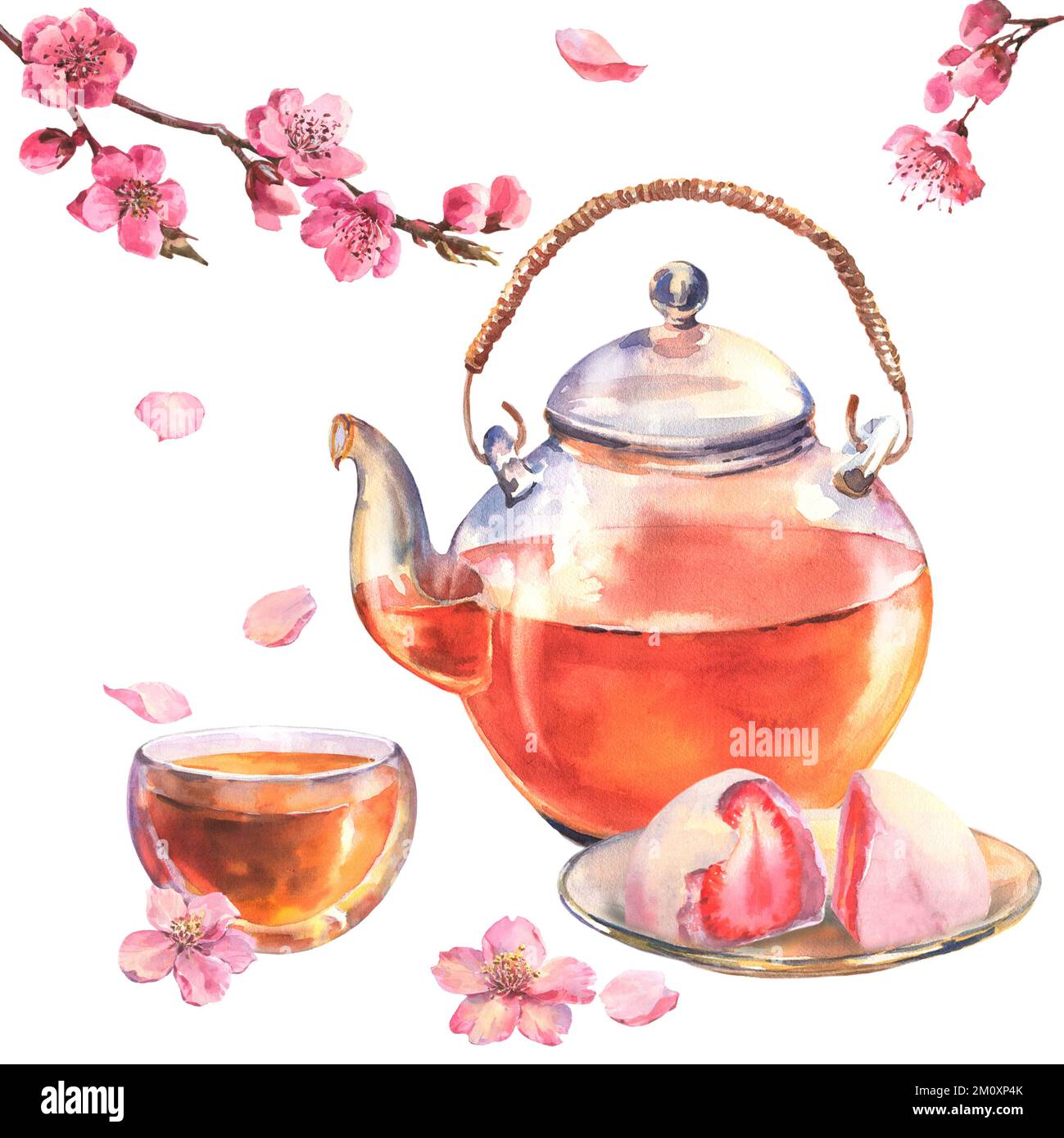 Watercolor asian tea composition with transporant teapot, cup of tea ...