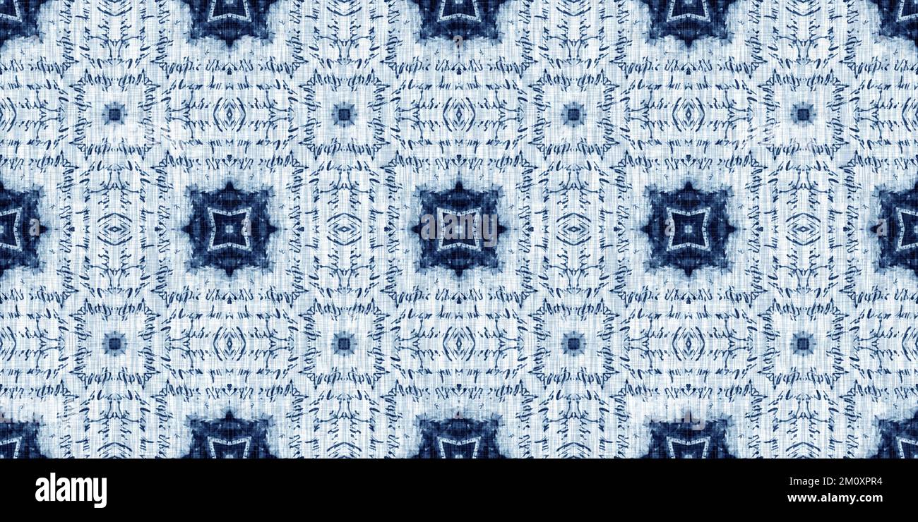 Indigo dye wash coastal damask seamless border pattern. Washed out ...