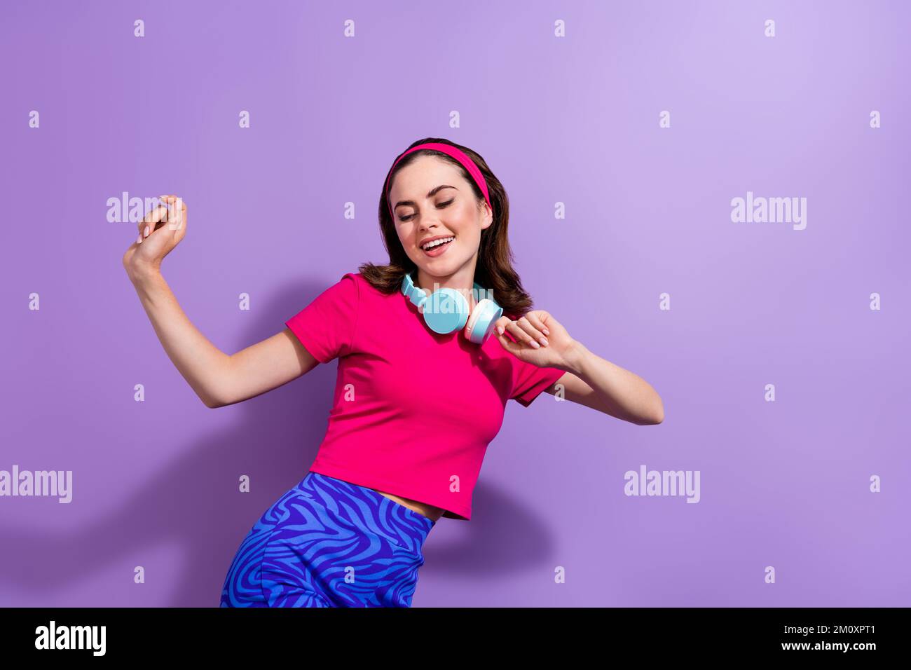 Photo of excited carefree lady chill rejoice dancing headphones hang ...