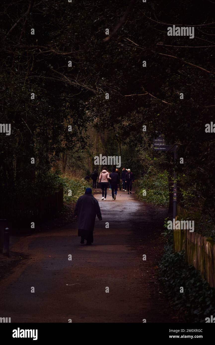 A vertical shot of people from behind walking a park near the center of ...