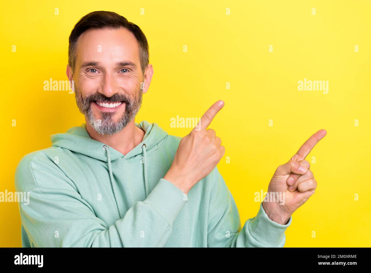 Photo of optimistic promoter toothy beaming smile fingers direct mockup ...